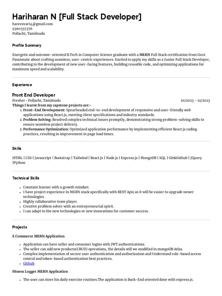 Junior Full Stack Developer Profile | PDF