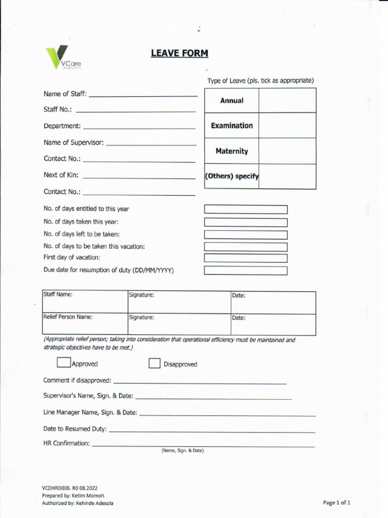 Vcare Leave Form | PDF