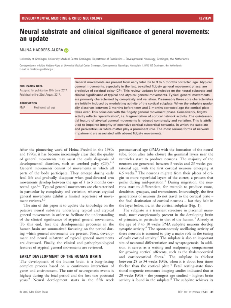 Develop Med Child Neuro - 2017 - Hadders Algra - Neural Substrate and Clinical Significance of ...