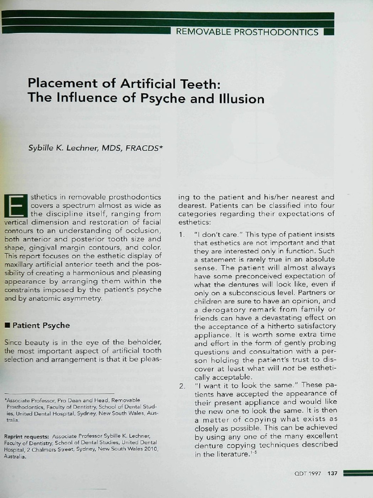 15. Lechner. Placement of Artificial Teeth; The Influence of Psyche and Illusion. (1997) | PDF ...