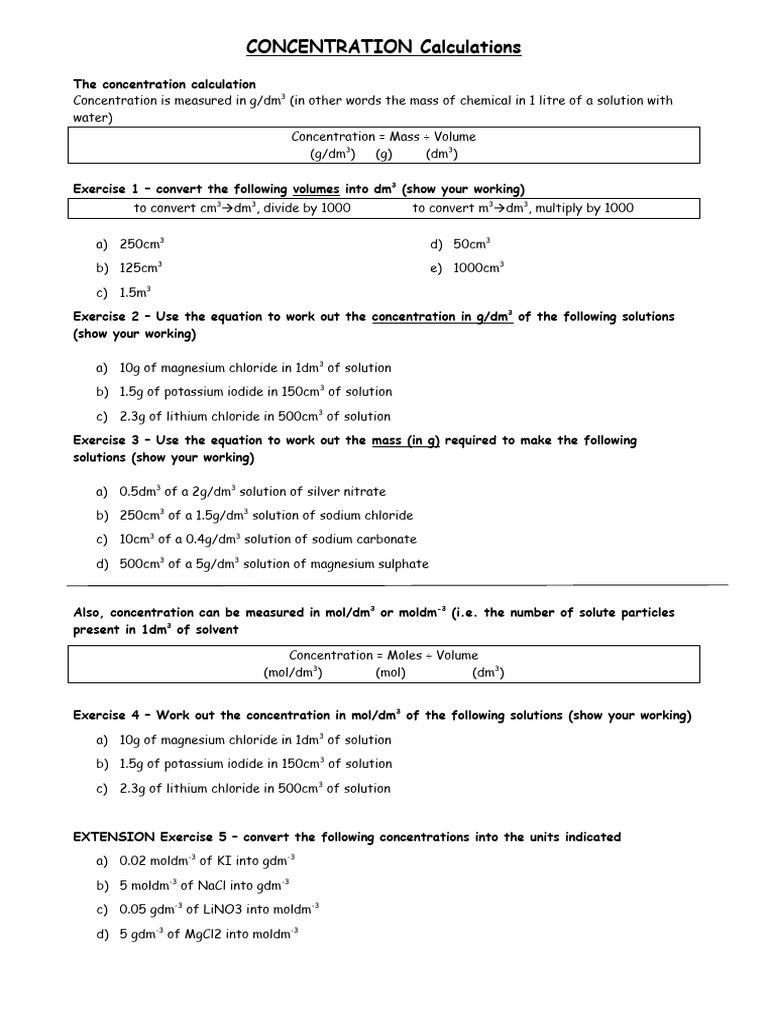 Solution (Concentration) Calculations | PDF | Science & Mathematics