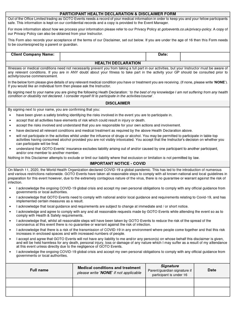 Participant Safety Acknowledgment Form | PDF | Disclaimer | Risk