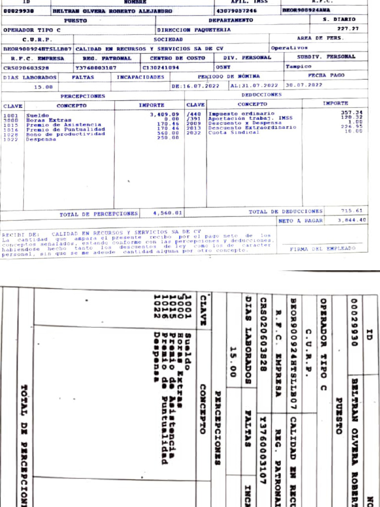 Recibo de Nómina de Roberto Beltrán | PDF