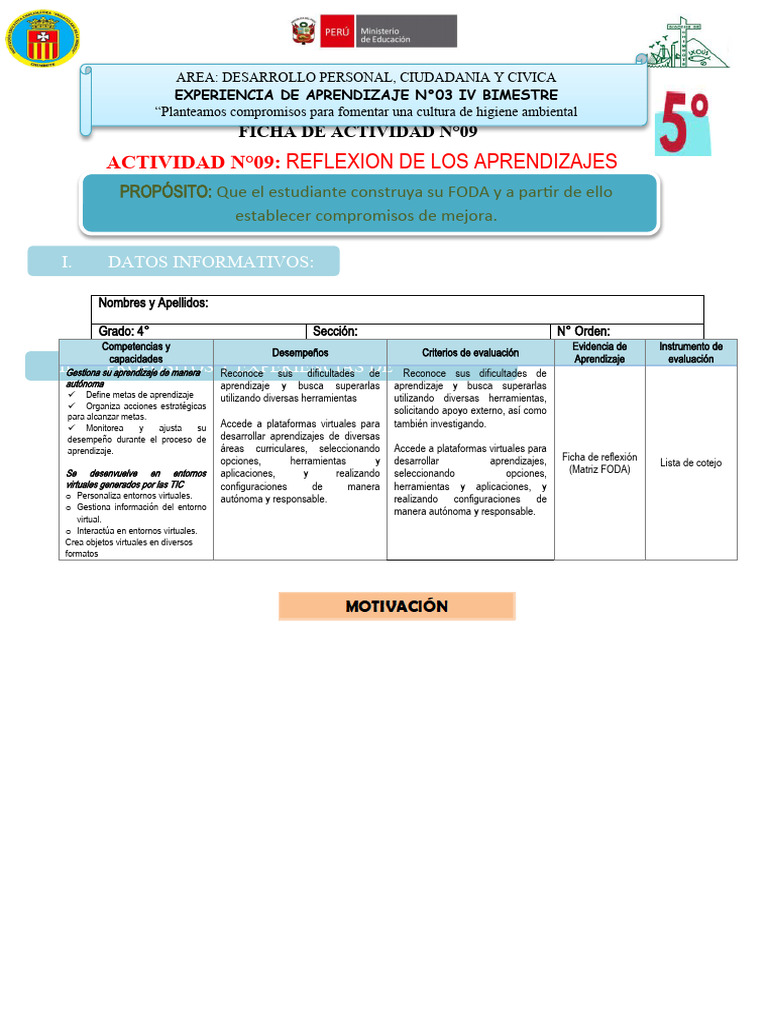 EDA 4 - 5°-SEMANA 39 FICHA DE APRENDIZAJE DPCC. IV B (1) | PDF | Aprendizaje | Evaluación