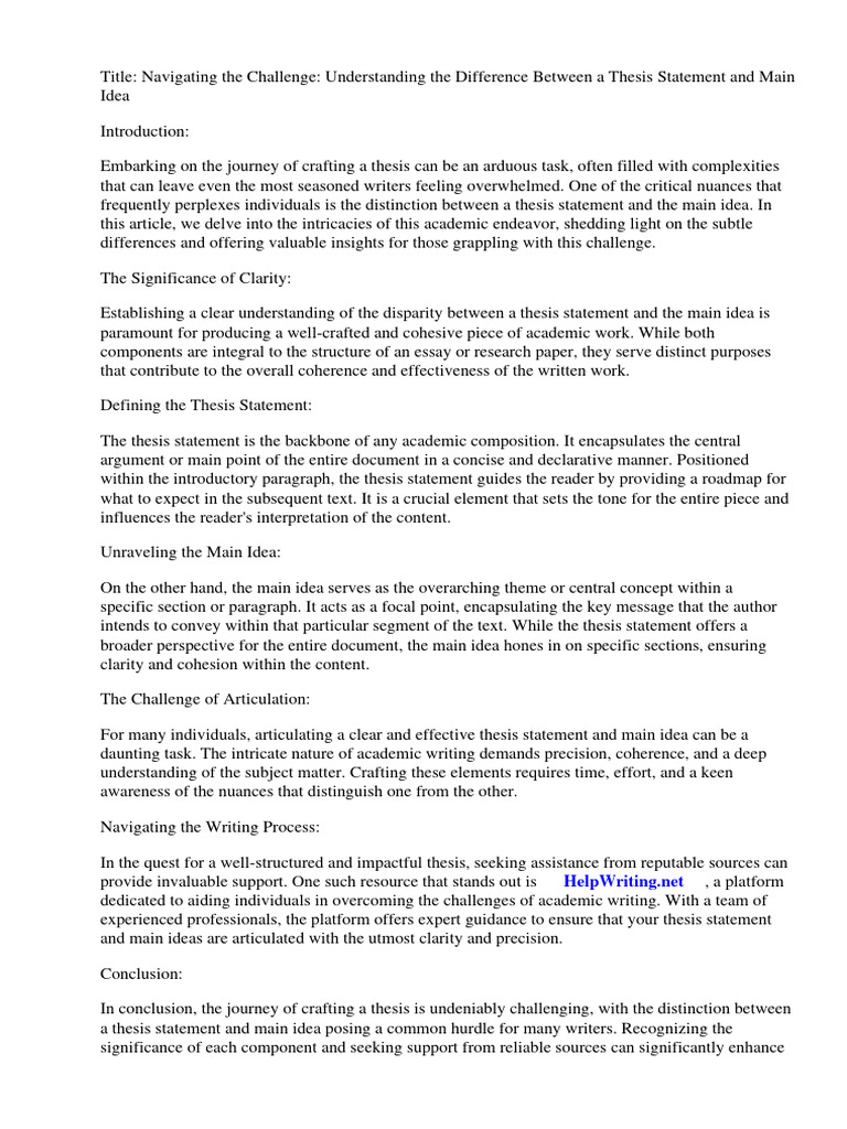 Thesis Statement Main Idea Difference | PDF | Essays | Thesis Thesis Statement Main Idea Difference | PDF | Essays | Thesis