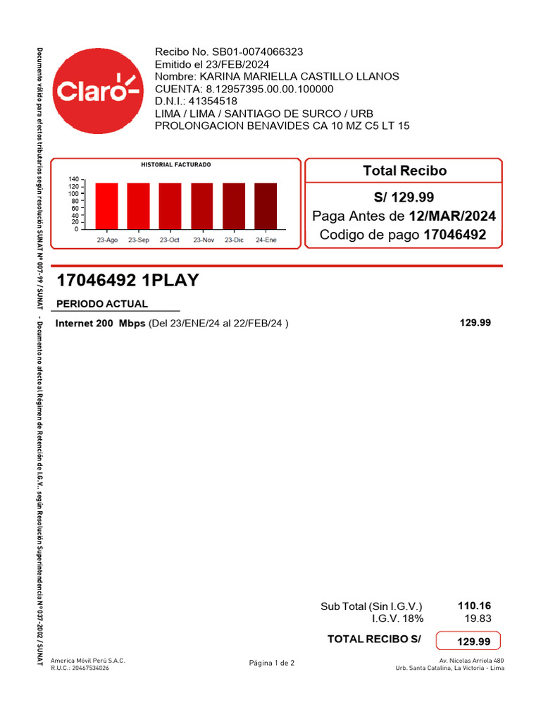 Recibo de Internet Claro - Febrero 2024 | PDF | Telecomunicaciones ...
