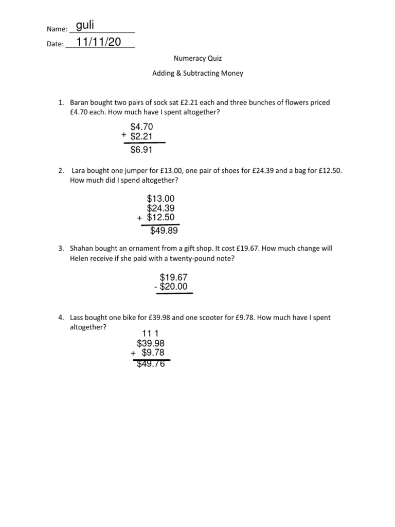 Addition and Subtraction Money Quiz | PDF
