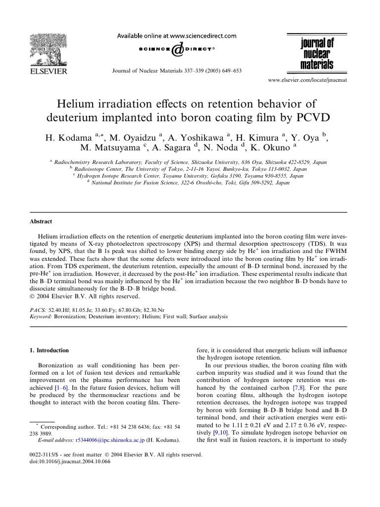 2005 Helium Irradiation Effects On Retention Behavior of Deuterium ...