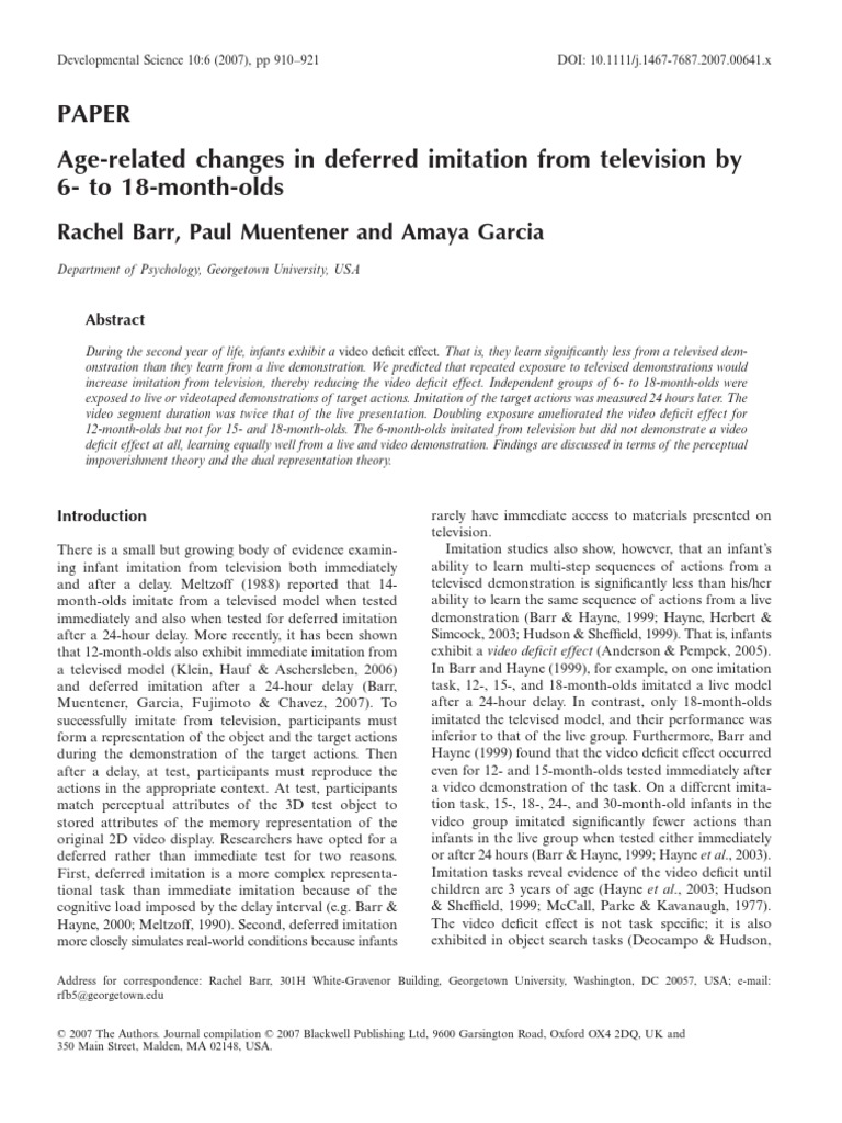Paper Age-Related Changes in Deferred Imitation From Television by 6-To ...