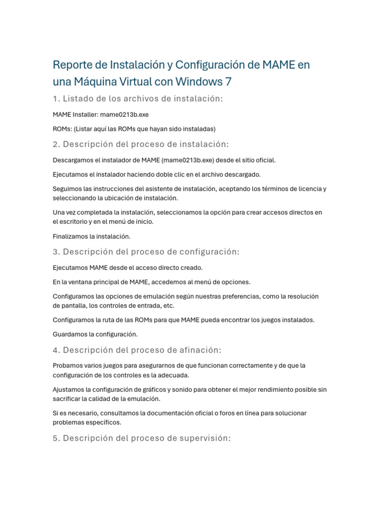 Reporte de Instalación y Configuración de MAME en Una Máquina Virtual Con Windows 7 | PDF