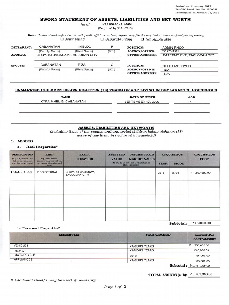 Saln 2023 | Download Free PDF | Net Worth | Money