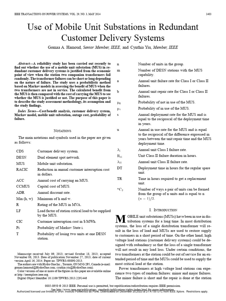 Use of Mobile Unit Substations in Redundant Customer Delivery Systems | PDF | Sensitivity ...