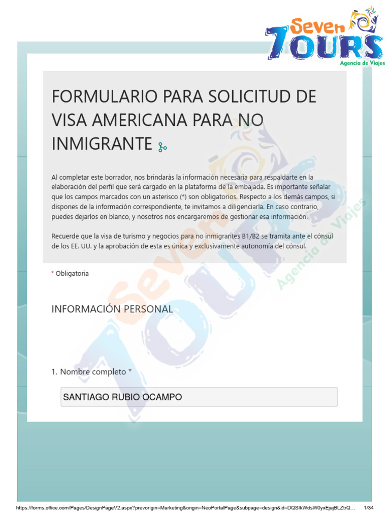Formulario para Solicitud de Visa Americana para No Inmigrante PDF ...