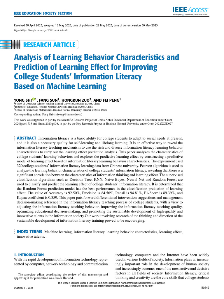 Analysis of Learning Behavior Characteristics and Prediction of Learning Effect For Improving ...