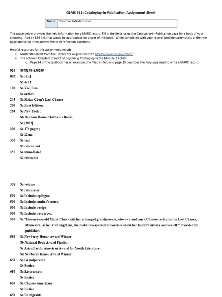 Christine Lopez Assignment Sheet - Cataloging-In-Publication | PDF ...