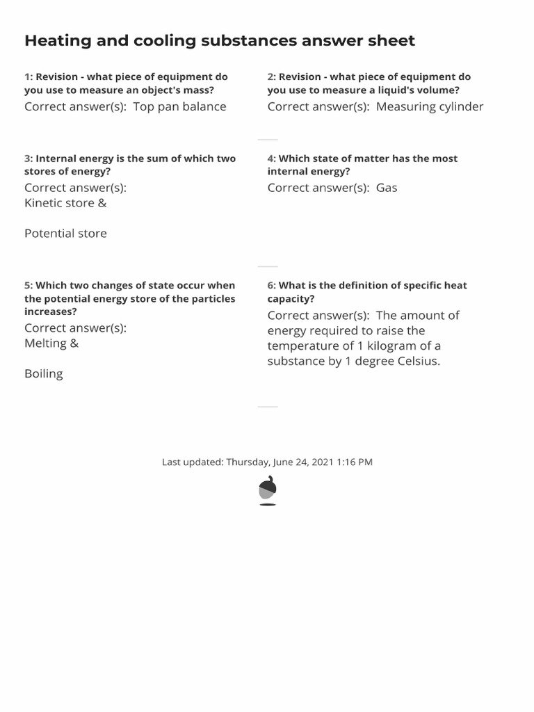 Heating and Cooling Substances Exit Quiz Answers | PDF