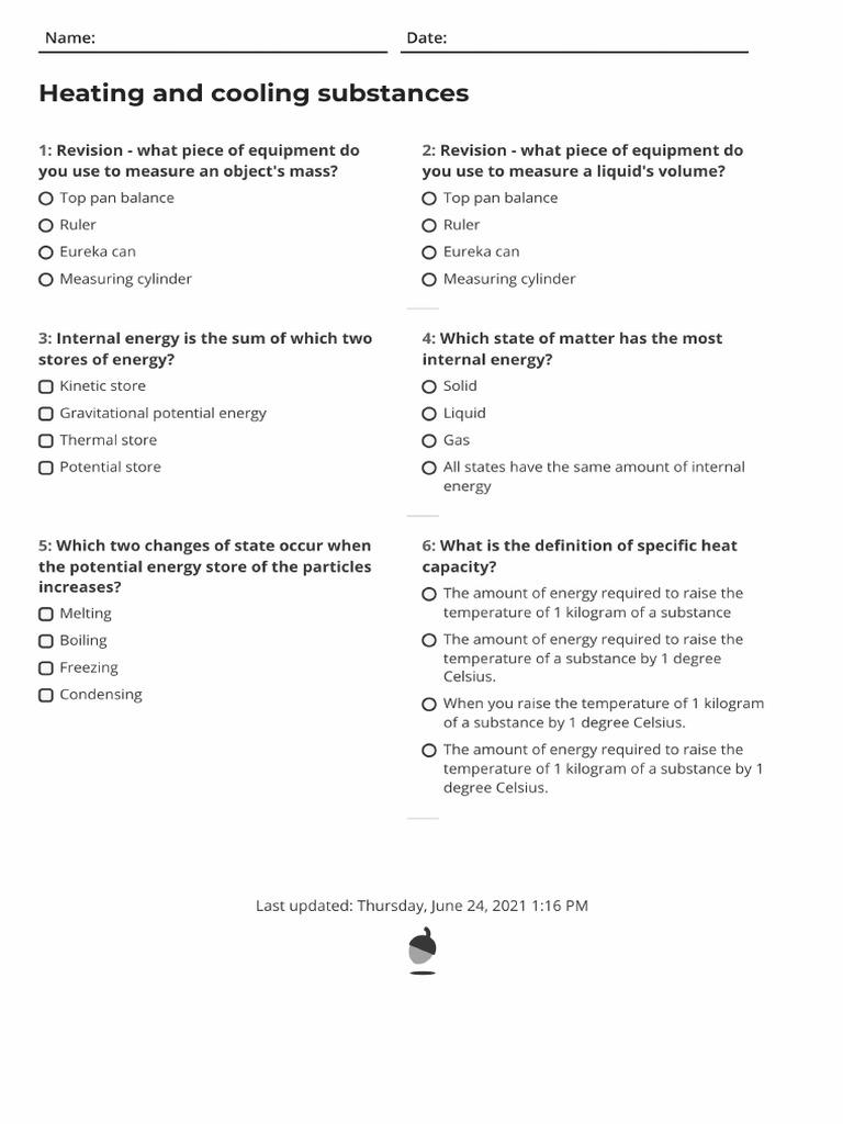 Heating and Cooling Substances Exit Quiz Questions | PDF