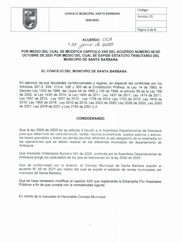 Acuerdo 003 de 2023 - Modifica La Estampilla Prohospital | PDF
