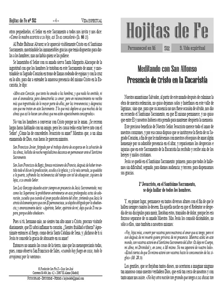 Hojitas de Fe 512 - A4 - Presencia de Cristo en La Eucaristía | Descargar gratis PDF ...