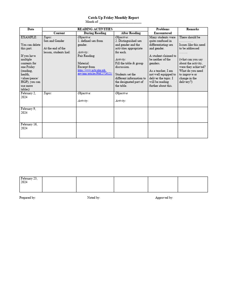 Catch Up Friday Monthly Report Template | PDF | Gender | Gender Studies Catch Up Friday Monthly Report Template | PDF | Gender | Gender Studies