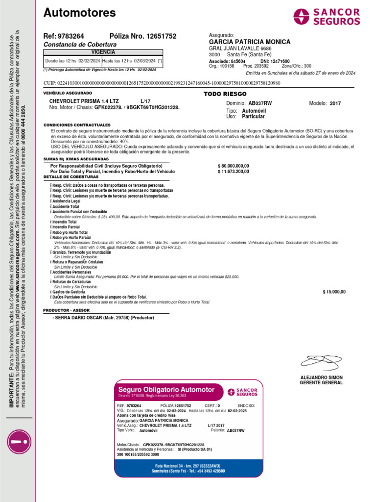 Constancia de Cobertura - Seguro Obligatorio Automotor - 000009783264 ...