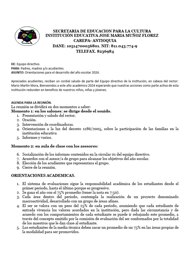 Orientaciones Año Escolar 2024 IE José María Muñoz Flórez | PDF