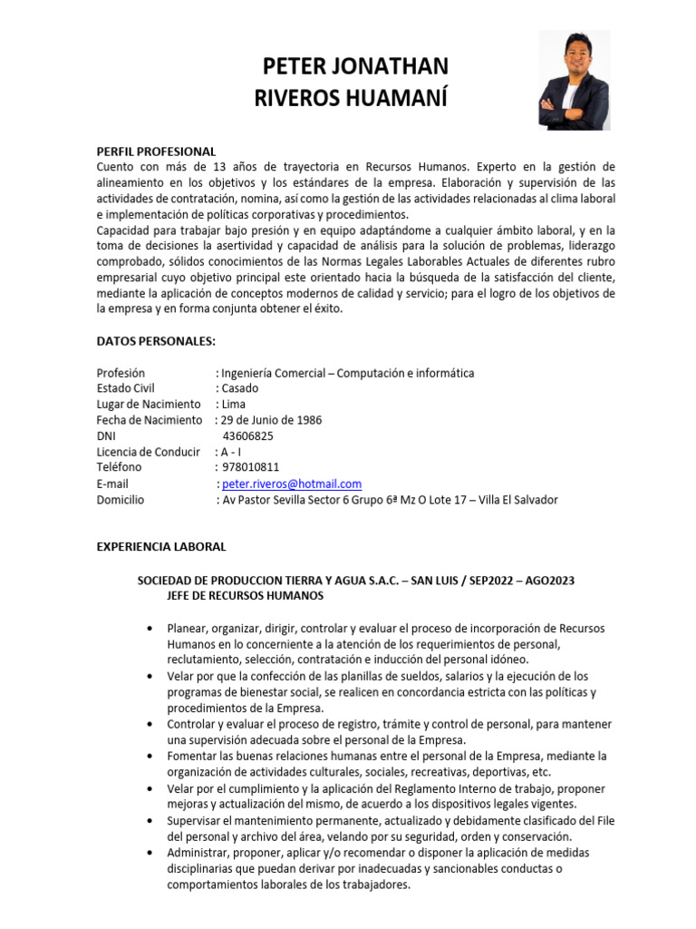 CV - Peter - Riveros Actualizado | PDF | Business | Derecho laboral