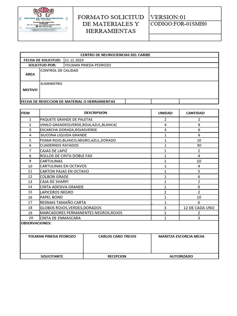 Formato de Solicitud de Materiales y Herramientas | PDF