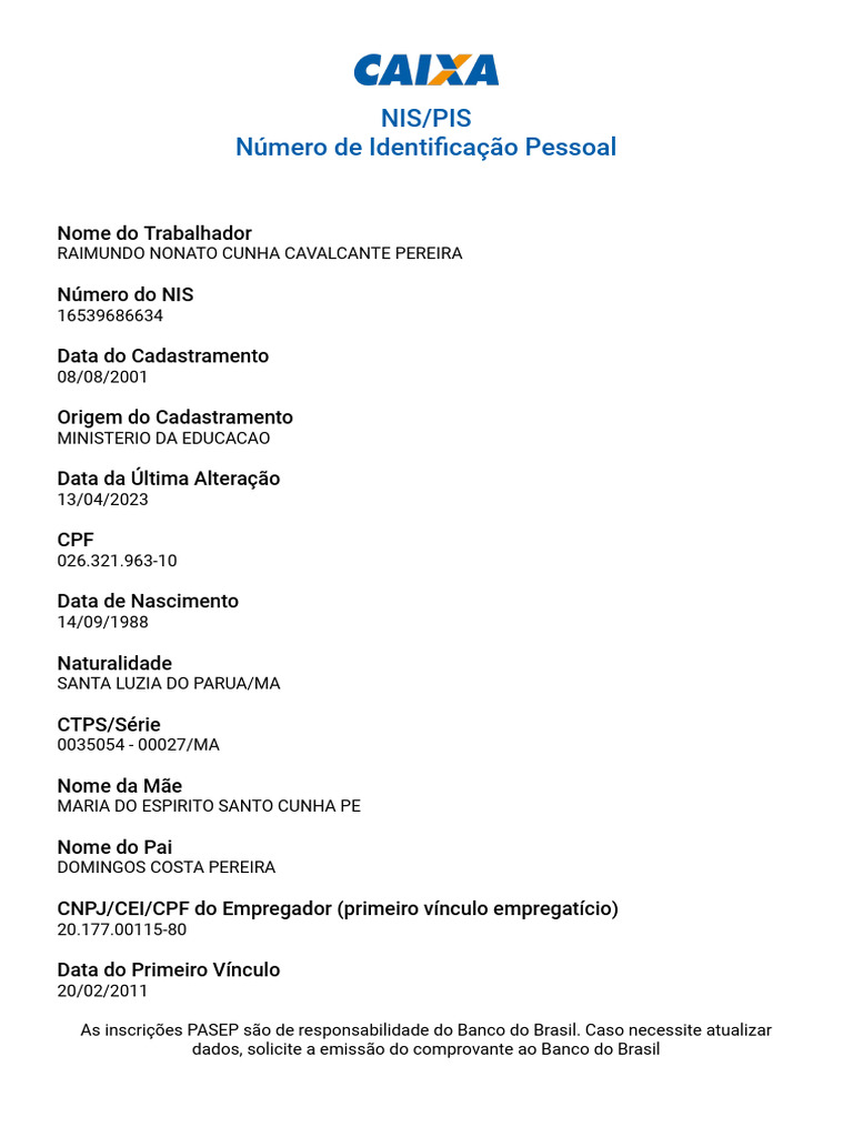 Detalhes do NIS/PIS de Raimundo Pereira | PDF | Direito