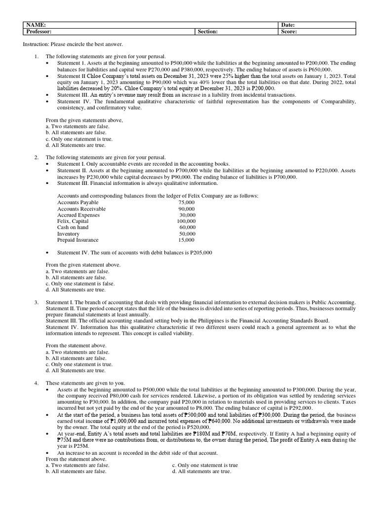 Long Quiz BSA 1st Yr 2023 2024 | PDF | Debits And Credits | Bookkeeping