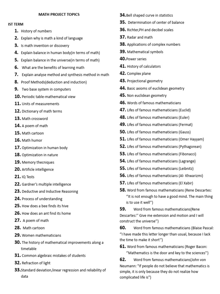 Math Project Topics | PDF | Mathematics | Geometry