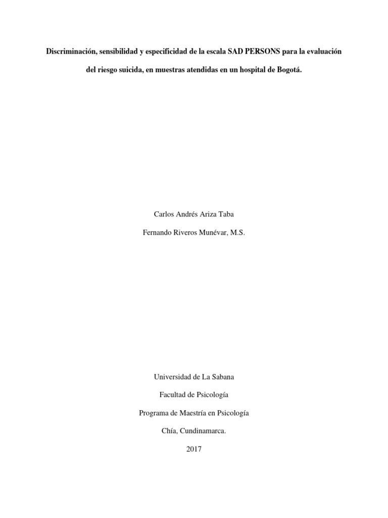 Evaluación Escala SAD PERSONS en Bogotá | PDF | Suicidio | Trastorno ...