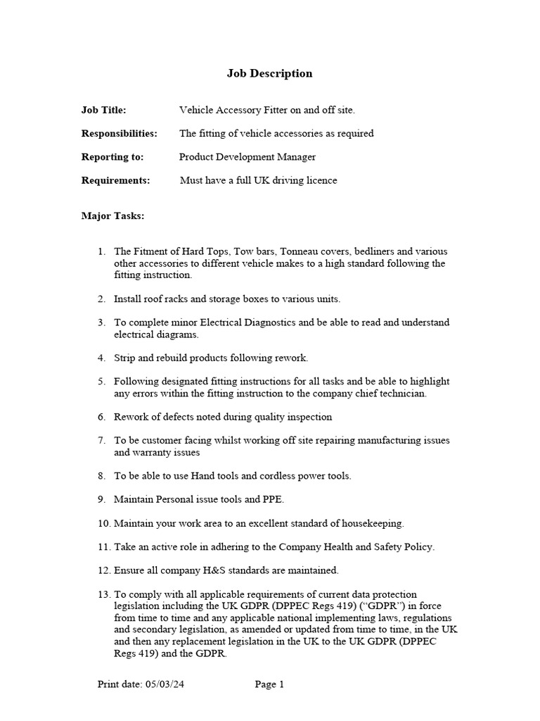 Vehicle Accessory Fitter Job Description | PDF | Technology & Engineering