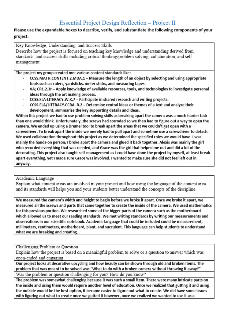 Essential Project Design Reflection - Project Ii-1 | PDF | Brainstorming | Cognition