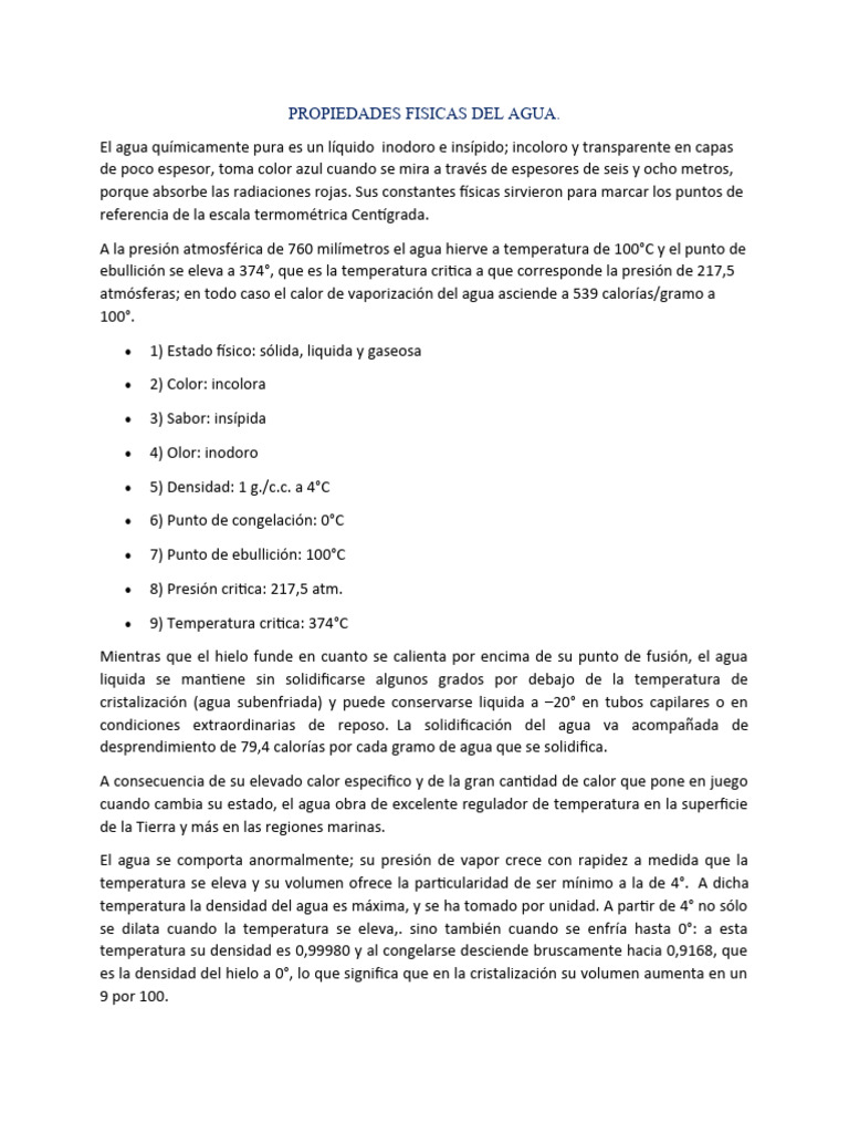 PROPIEDADES FISICAS DEL AGUA | PDF | Propiedades del agua | Agua