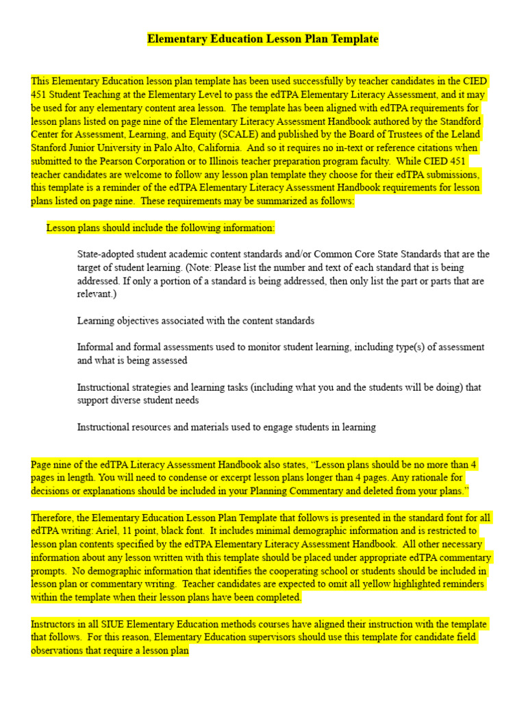 Elementary Lesson Plan Template for edTPA | PDF | Lesson Plan | Teachers