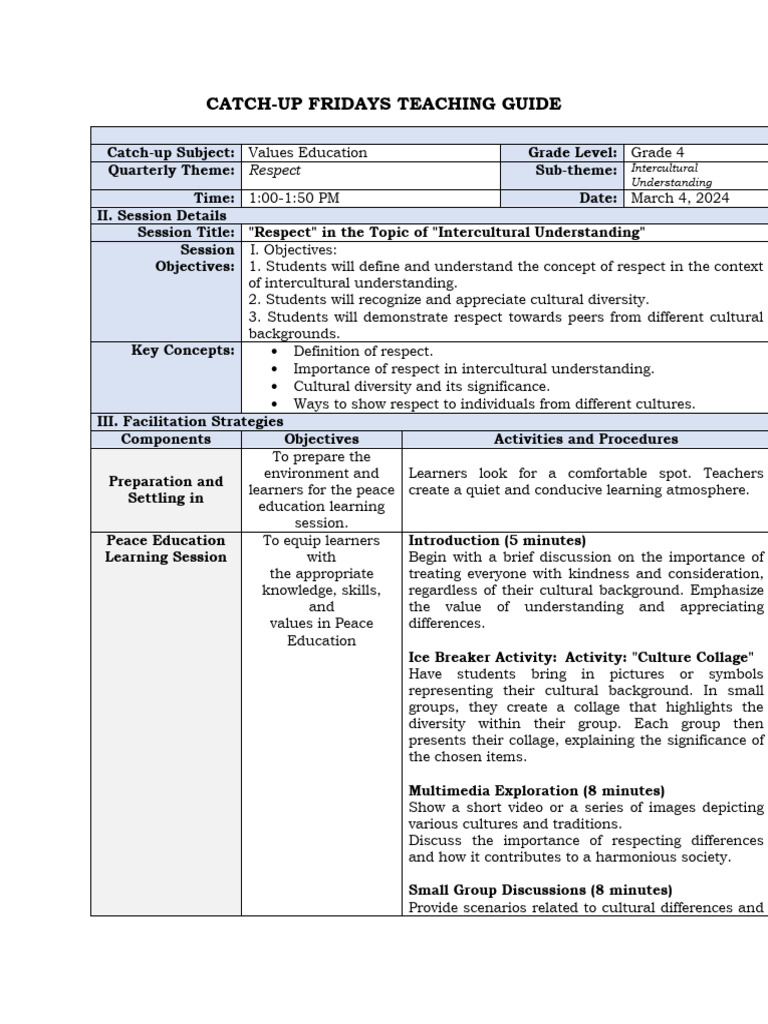 CATCH UP FRIDAY TEACHERS GUIDE Respect Intercultural Understanding Grade 4 | PDF | Learning ...