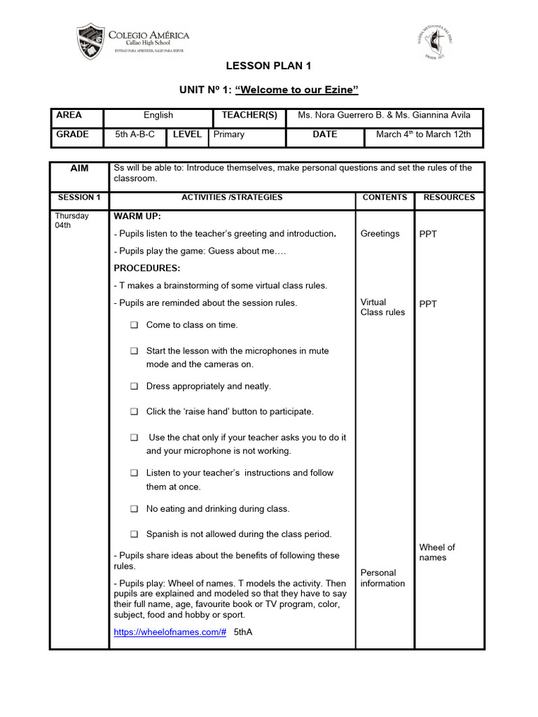 Lesson Plan1-5th Grade-2021 Checked by Lastenia | PDF | Adverb | Teachers