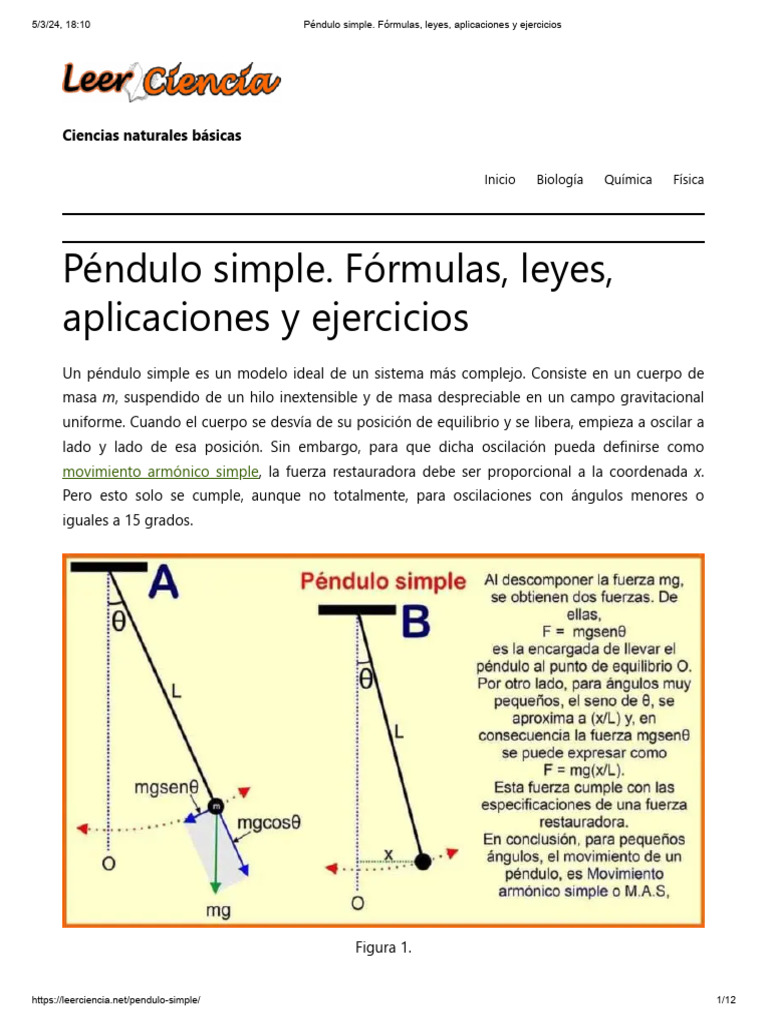 Péndulo Simple. Fórmulas, Leyes, Aplicaciones y Ejercicios | PDF | Péndulo | Fuerza