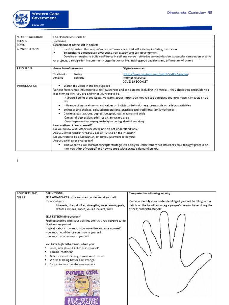 Life Orientation Grade 10 Term 1 Week 1_2021 | PDF | Self Esteem | Mindset