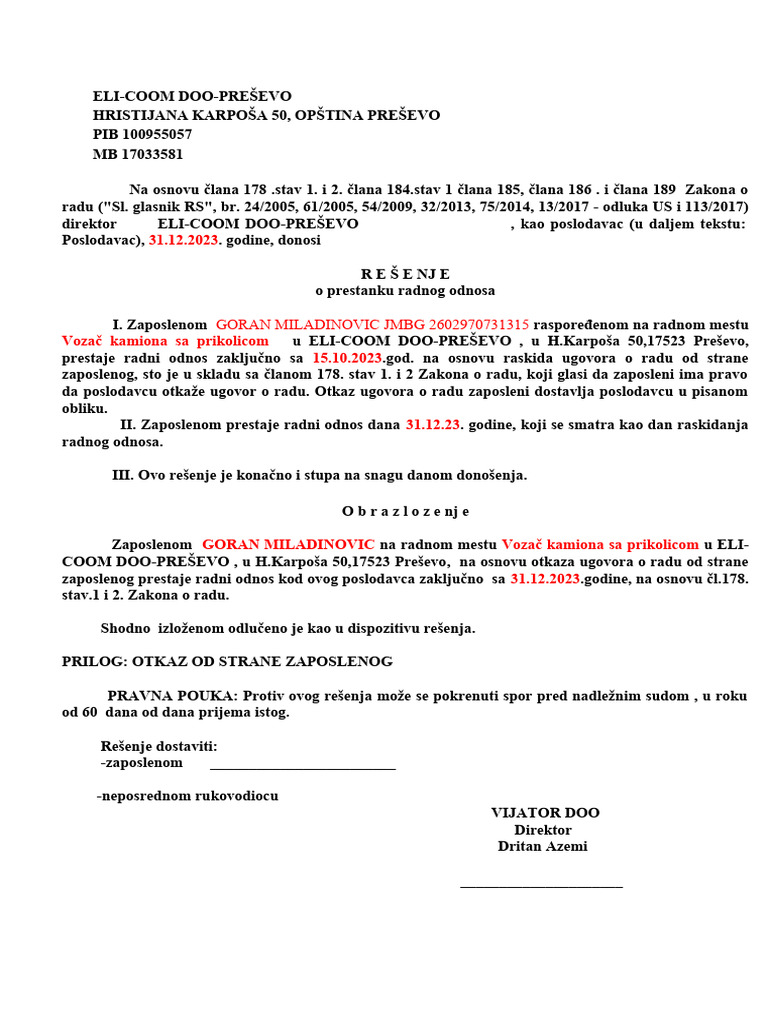 XXXXX - Resenje o Prestanku Radnog Odnosa-2023-E | PDF