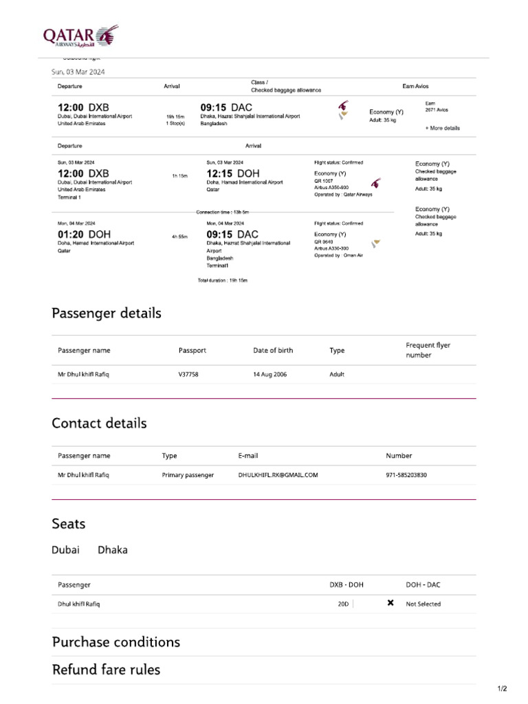 DXB To Dac Tickeet | PDF