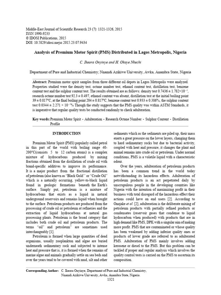 Analysis of Premium Motor Spirit (PMS) Distributed in Lagos Metropolis ...