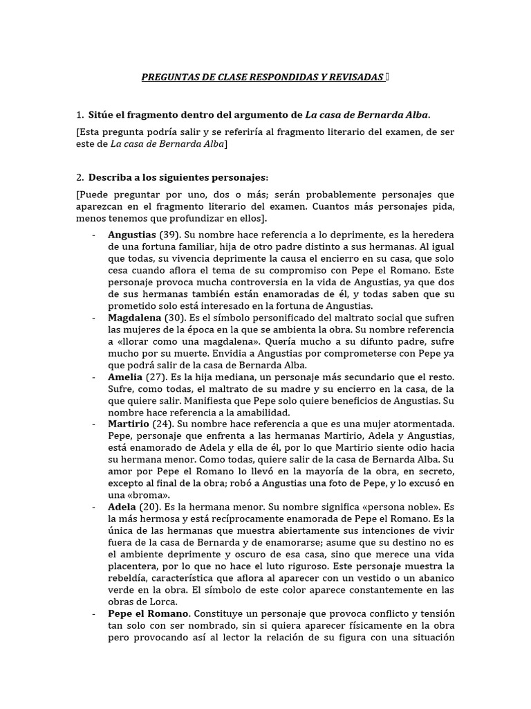 Preguntas y respuestas sobre "La casa de Bernarda Alba" | PDF