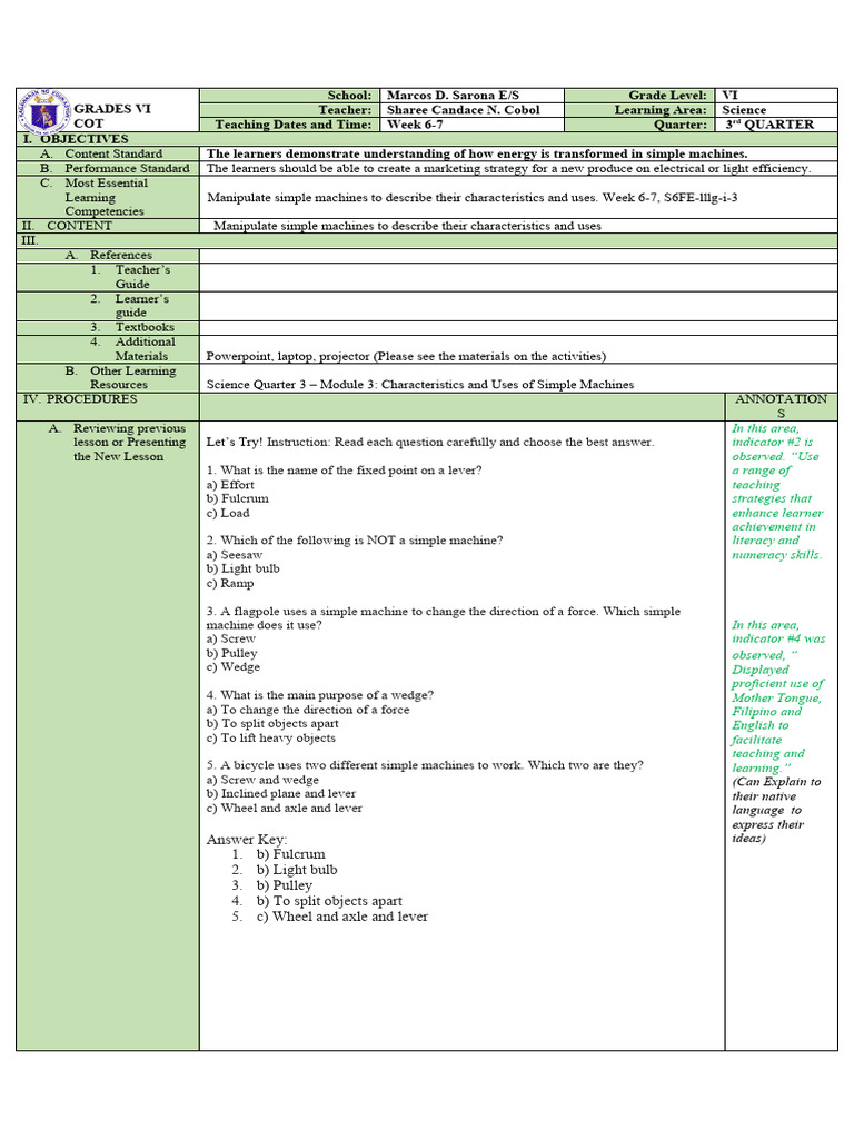 Science Q3 Week 6 - Manipulate Simple Machines To Describe Their ...