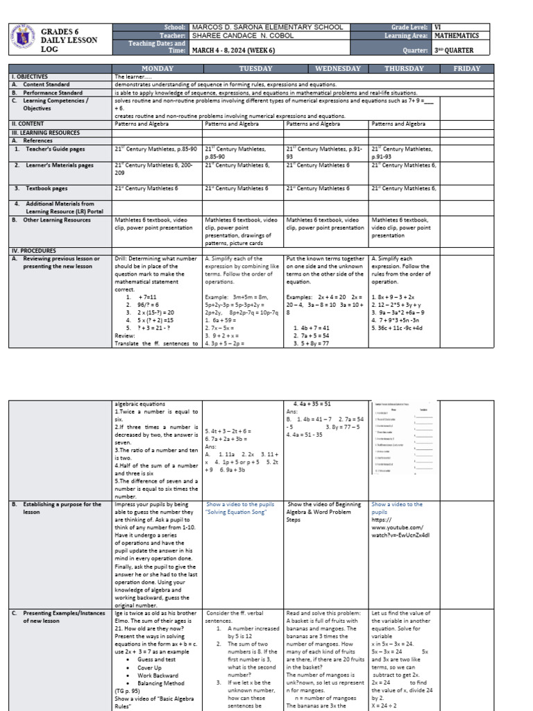 Grade 6 Math Lesson Plan: Algebra | PDF