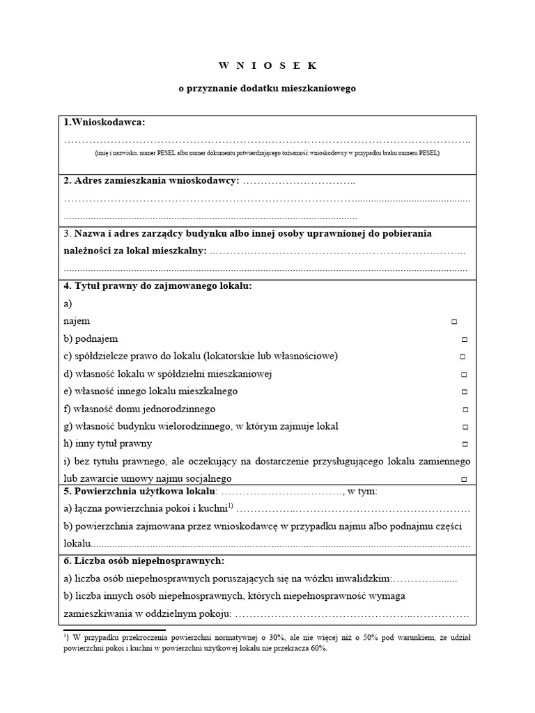 Wzór Wniosku o Dodatek Mieszkaniowy | PDF