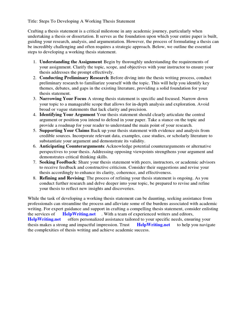 Steps to Developing a Working Thesis Statement | PDF | Essays | Thesis