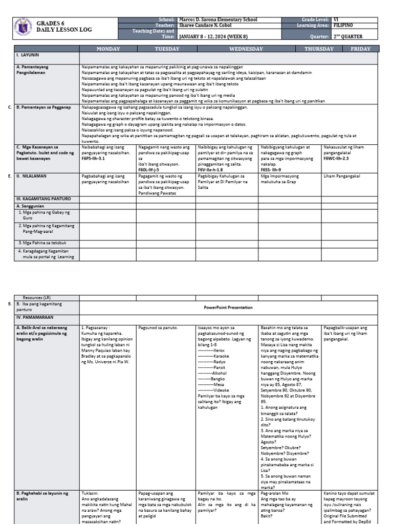 DLL - Filipino 6 - Q2 - W8 | PDF