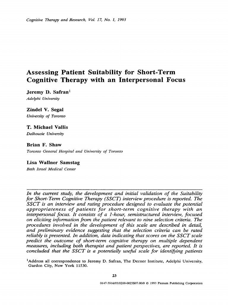 Assessing Patient Suitability For Short | PDF | Psychotherapy | Therapy